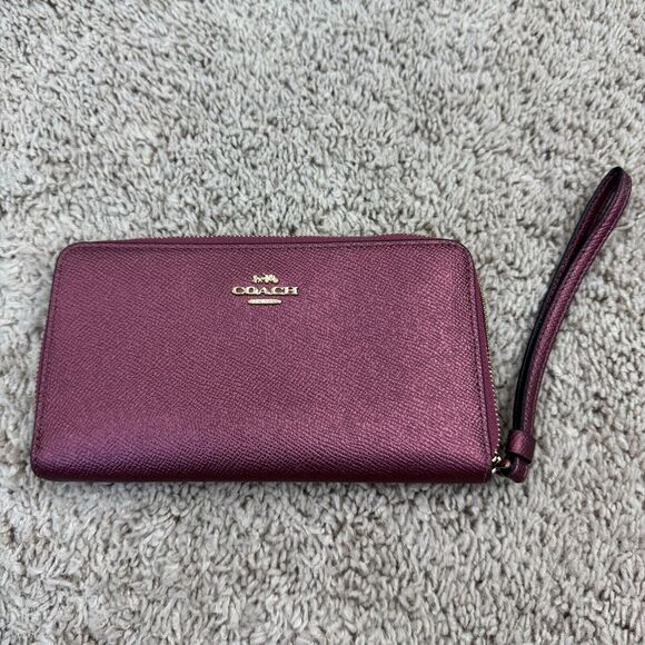 Coach | Bags | Coach Wallet Long Zip Around Wine Bifold Cross Grain ...